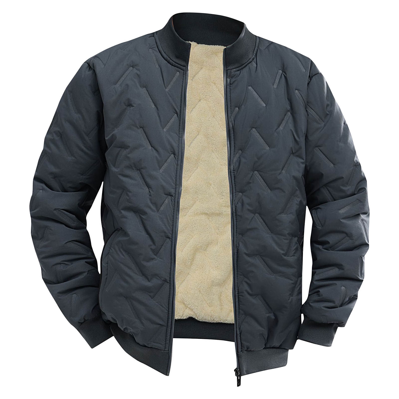 Mens Sherpa Fleece Lined Puffer Jacket Stand Collar Winter Warm Padded ...