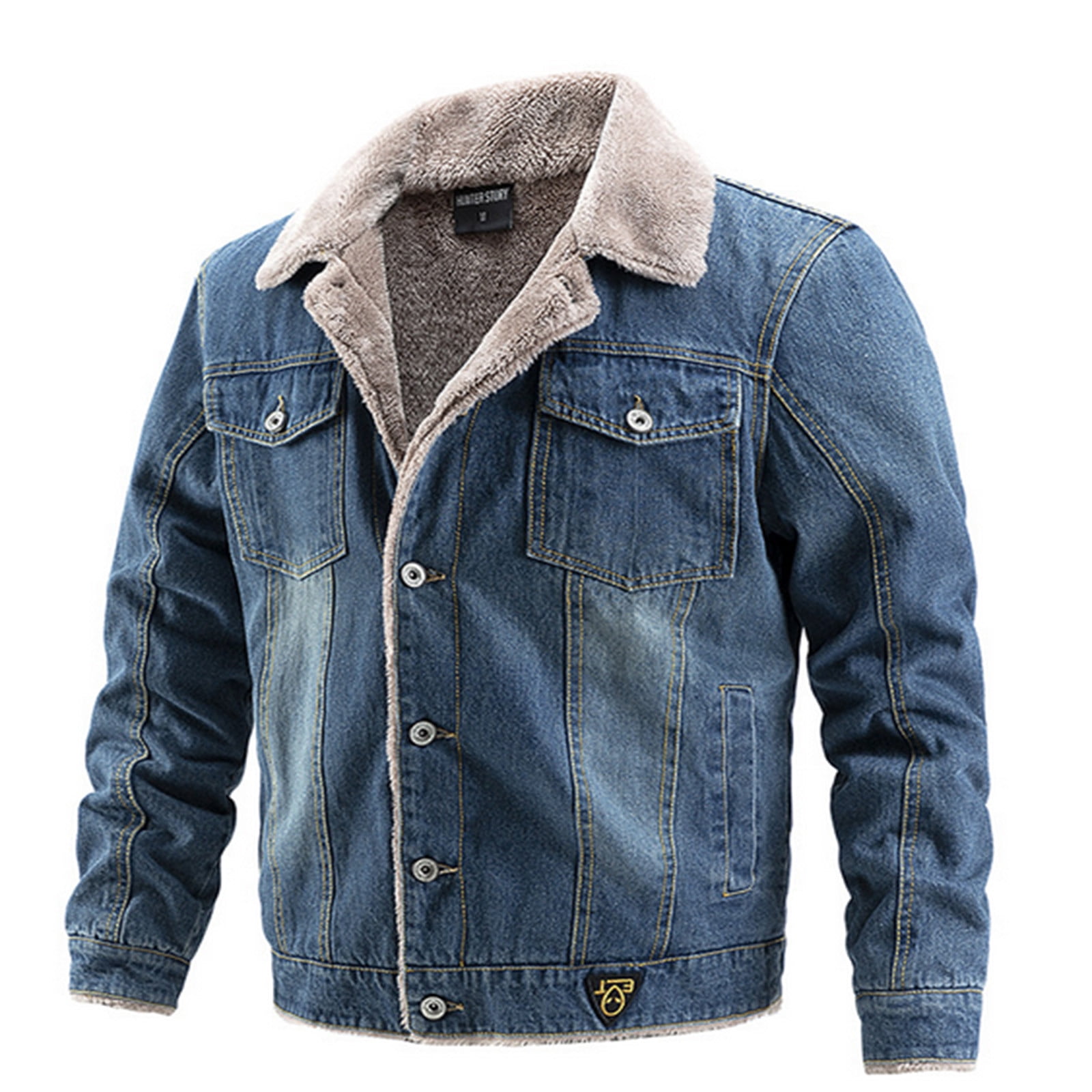 Mens Sherpa Thicken Denim Jacket Punk Motorcycle Lapel Button Down ...
