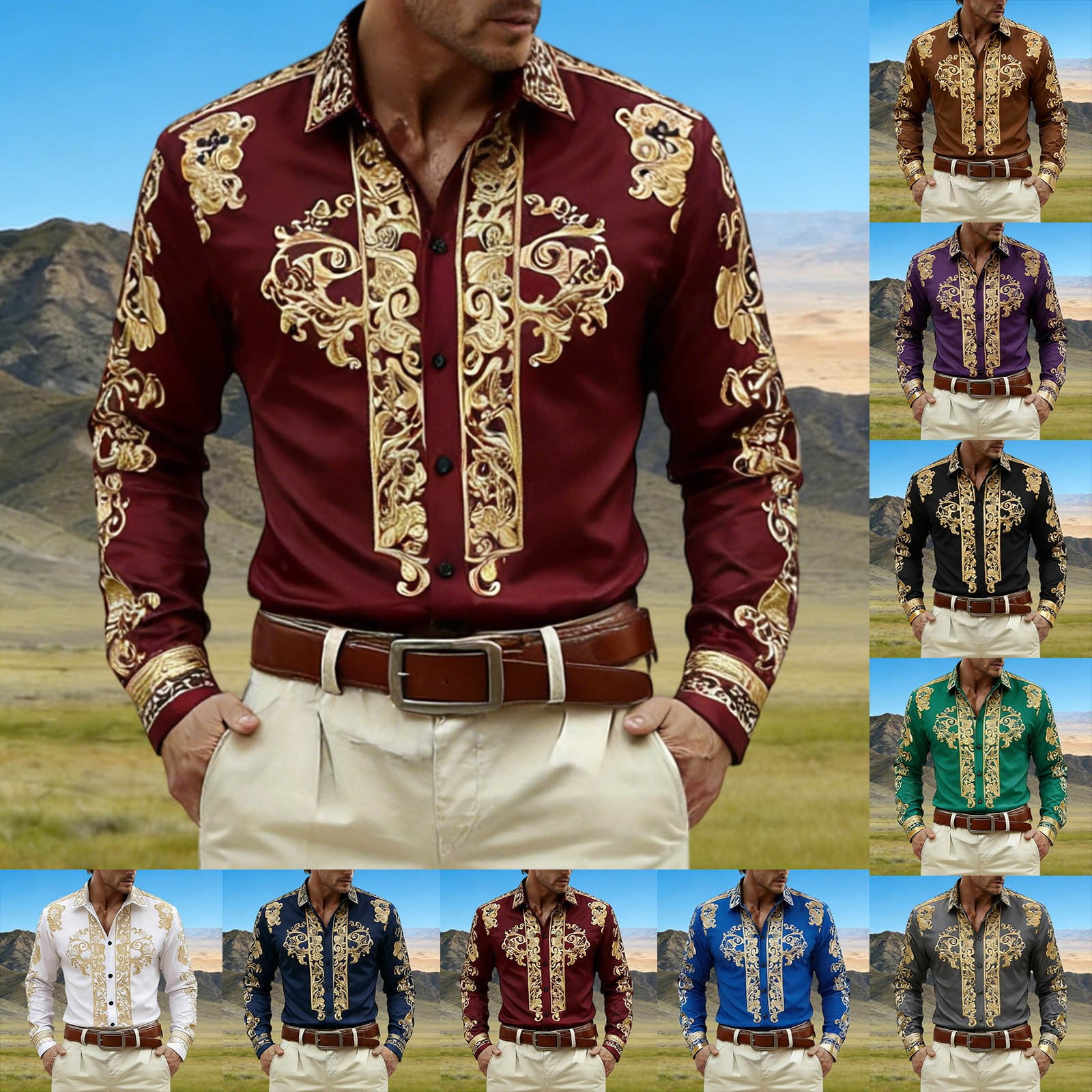 Mens Shirts Carnival Printed Long Sleeve Button Lapel Top Casual ...