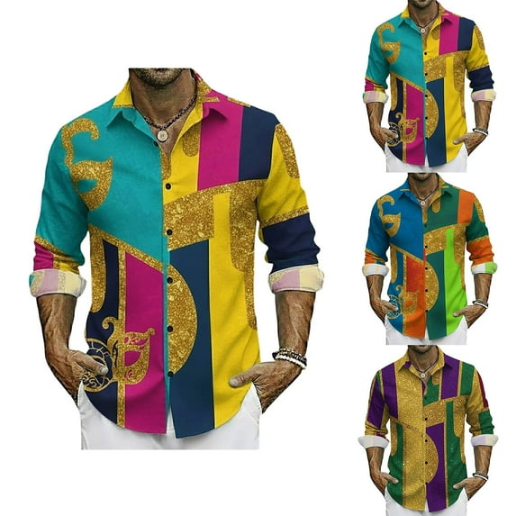 Mens Shirts Casual Carnival Festival Long Sleeve Button Down Lapel Top ...