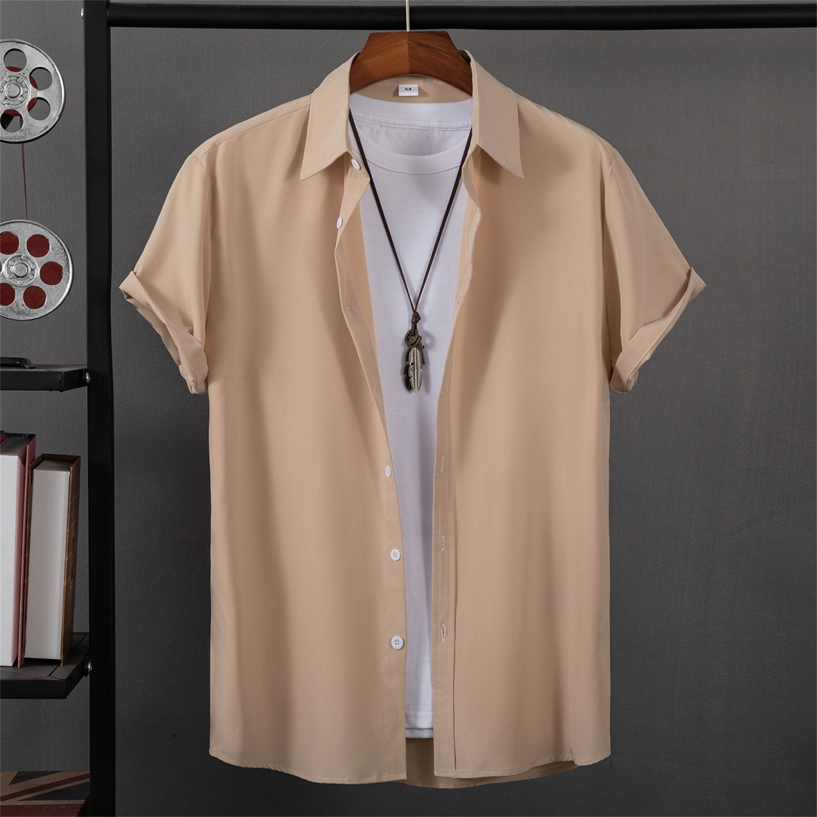 Mens Shirts Casual Men's Loose Lapel Short Sleeve Button Solid Color Shirt Beach Summer Top ...