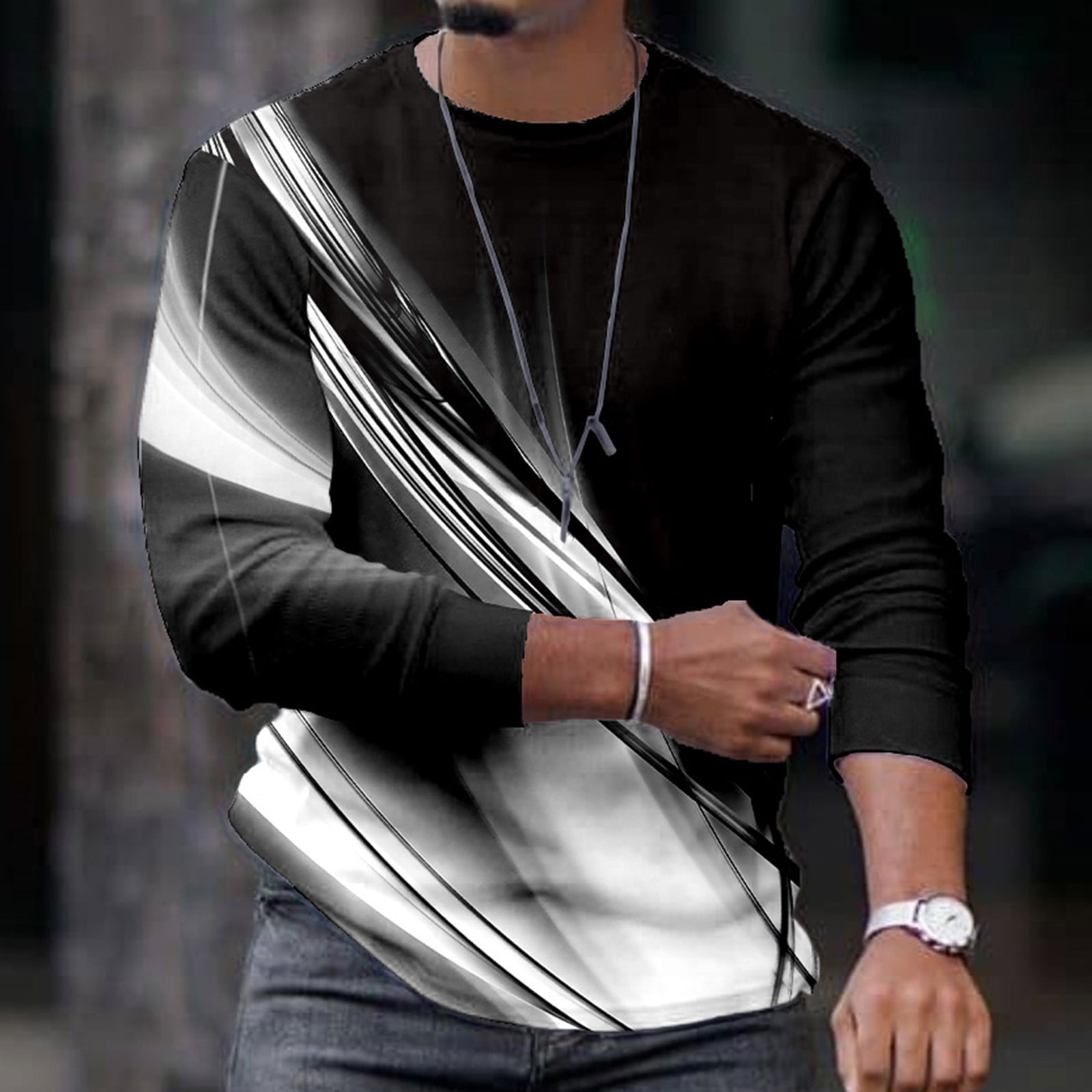 Mens Shirts Clearance Long Sleeve Line Printed Casual Round Neck ...
