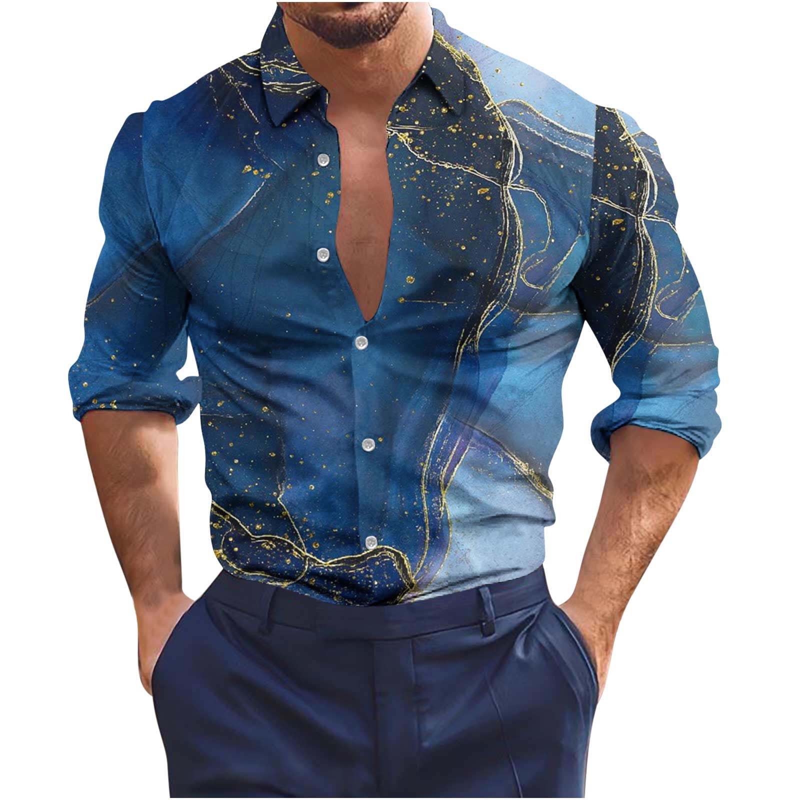 Mens Shirts Fashion Long Sleeve Marbling Digital Printing Shirts for ...