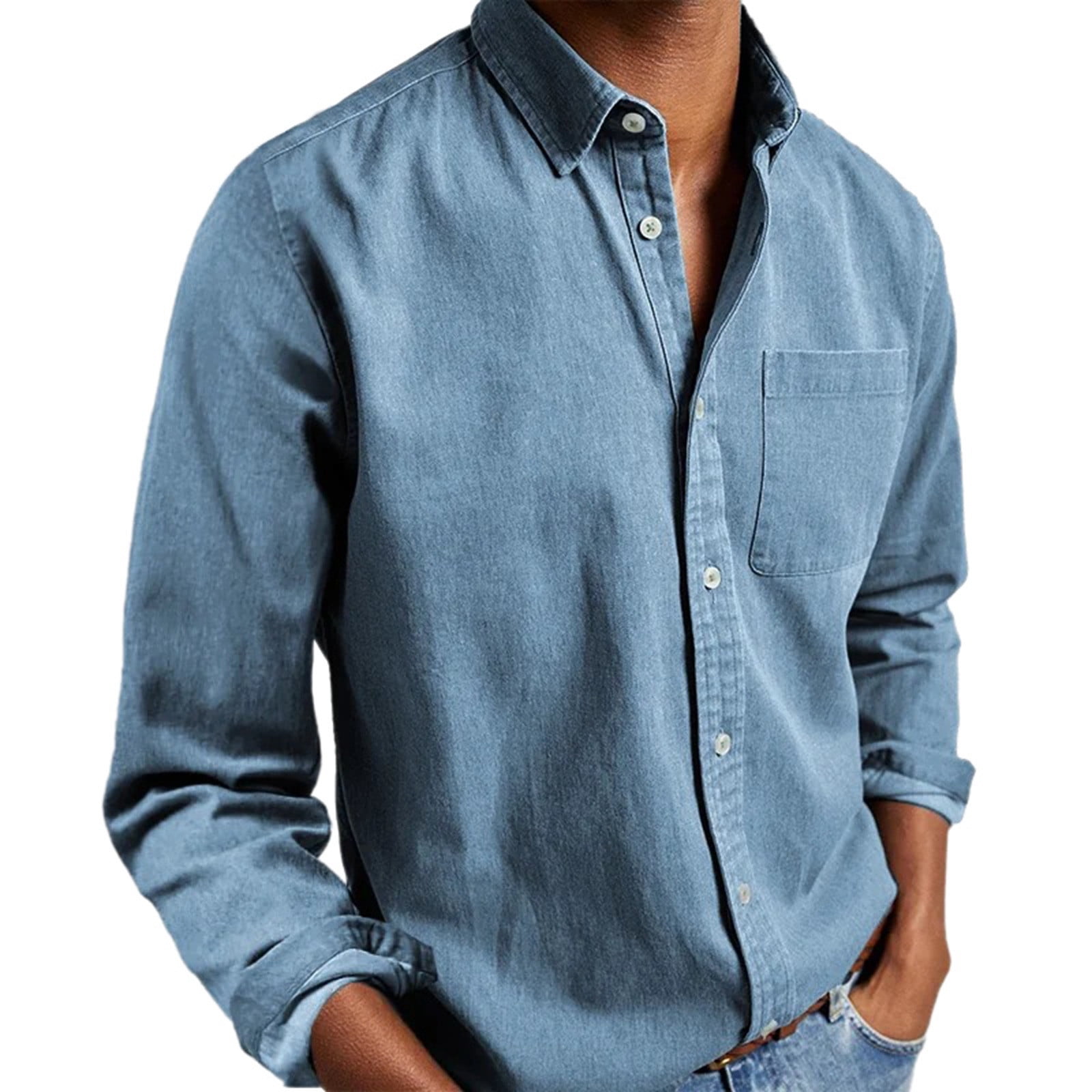 Mens Shirts Fashion Top Comfortable Solid Color Button Long Sleeve Tops ...
