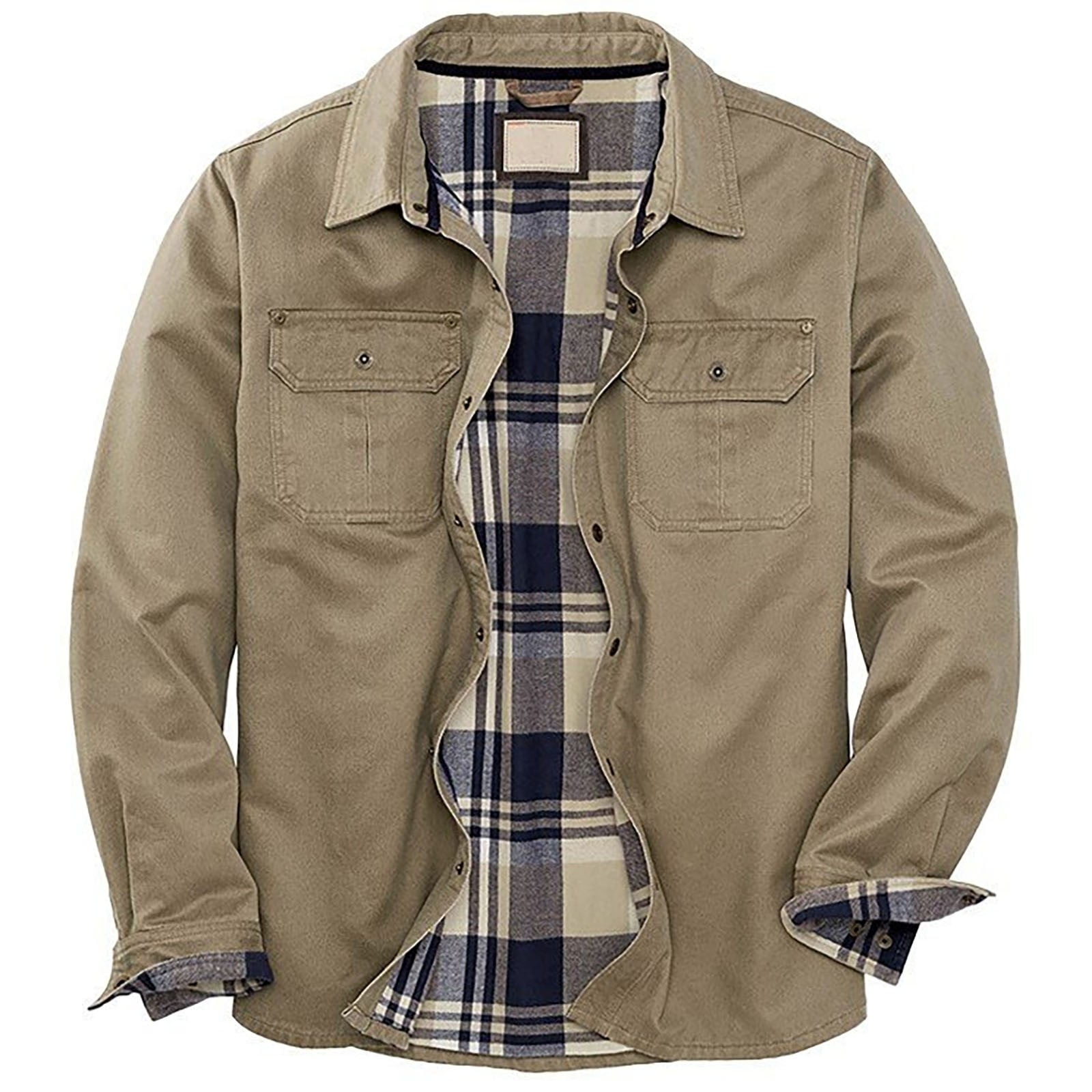 Mens Shirts Jacket Plaid Lined Button Down Sherpa Jackets with Pockets ...