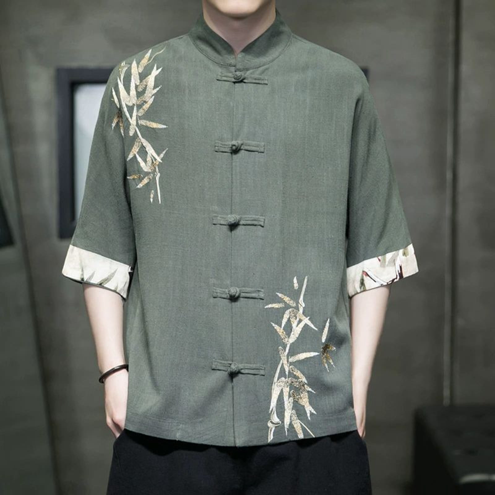 Mens Shirts Mandarin Collar Bambooleaf Print Short Sleeve with Disk ...