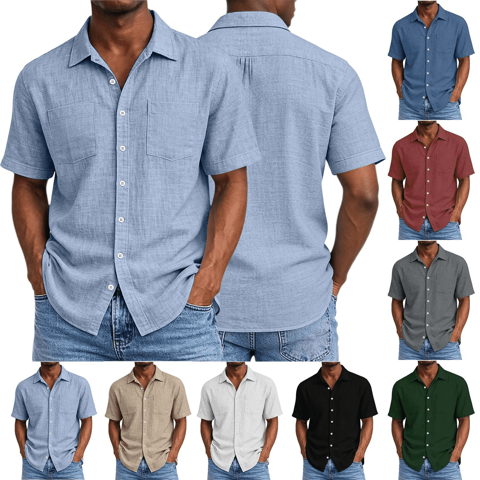 Mens T Shirts Cotton Short Sleeve Casual Shirts Button Down Oversized ...