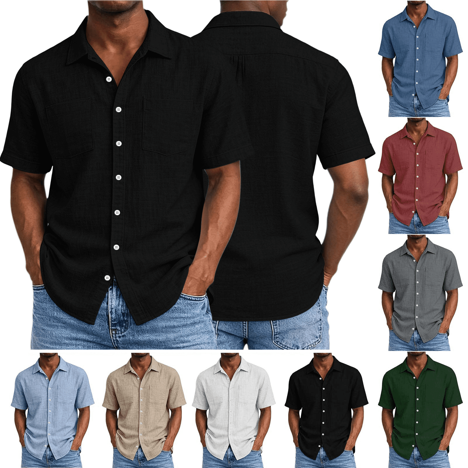 Mens T Shirts Cotton Short Sleeve Casual Shirts Button Down Oversized ...