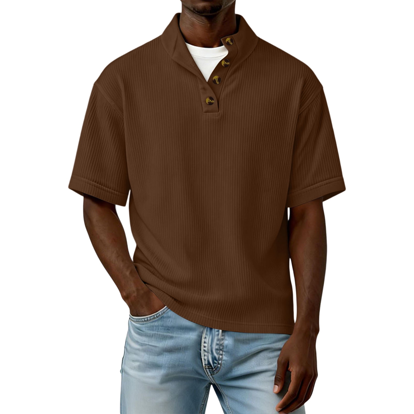 Mens Shirts Summer Button Down Ribbed T-Shirts Stand Collar Loose Fit ...