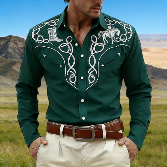 Mens Shirts Western Cowboys Theme Long Sleeve Button Lapel Top Casual ...