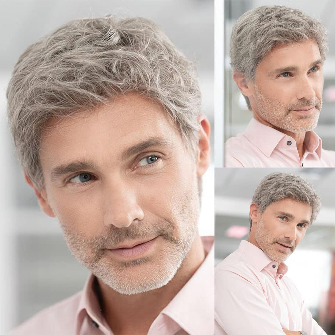 Mens Short Grey Wig Natural Layered Costume Halloween Wigs Synthetic ...