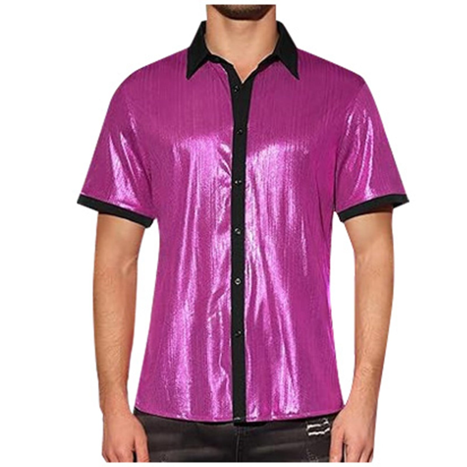 Mens Short Sequin Sleeve Shirt Metallic Rave Button Front Shirt Short ...
