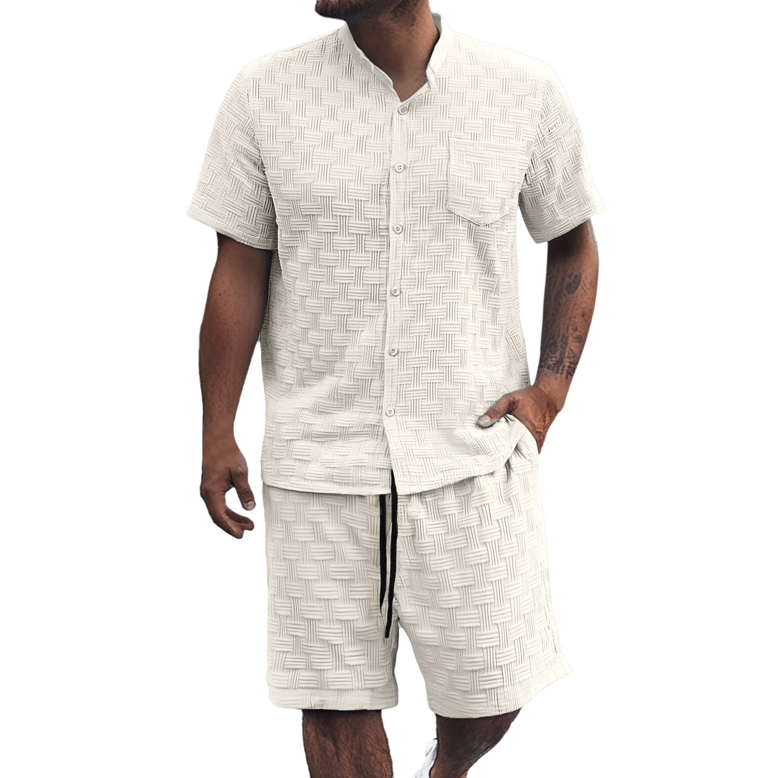 Mens Short Sets 2 Piece Outfits Color Block Shirts and Shorts Sets Regular Fit Sport Suits ...
