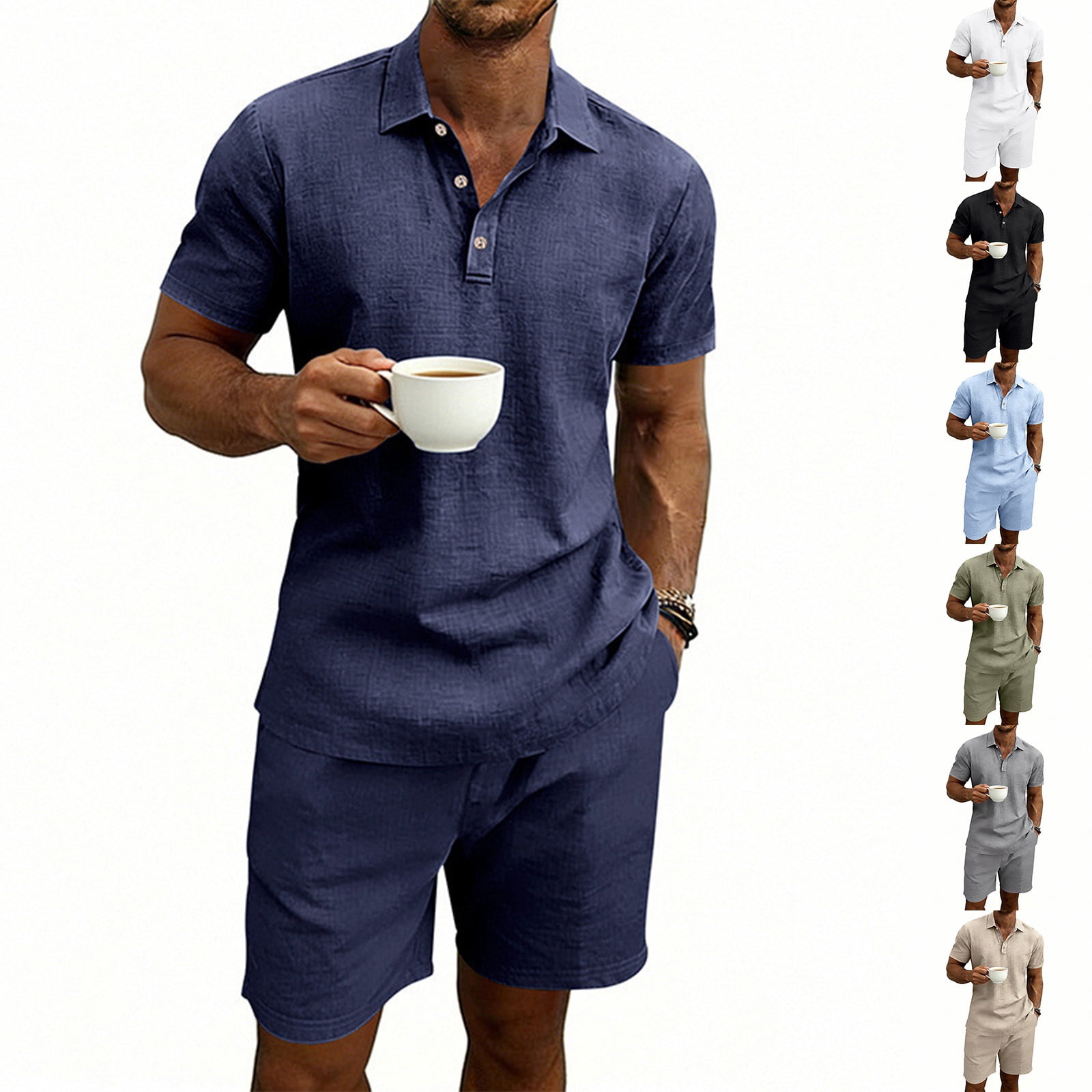 Mens Short Sets 2 Piece Outfits Henley Short Sleeve T Shirt and Causal ...