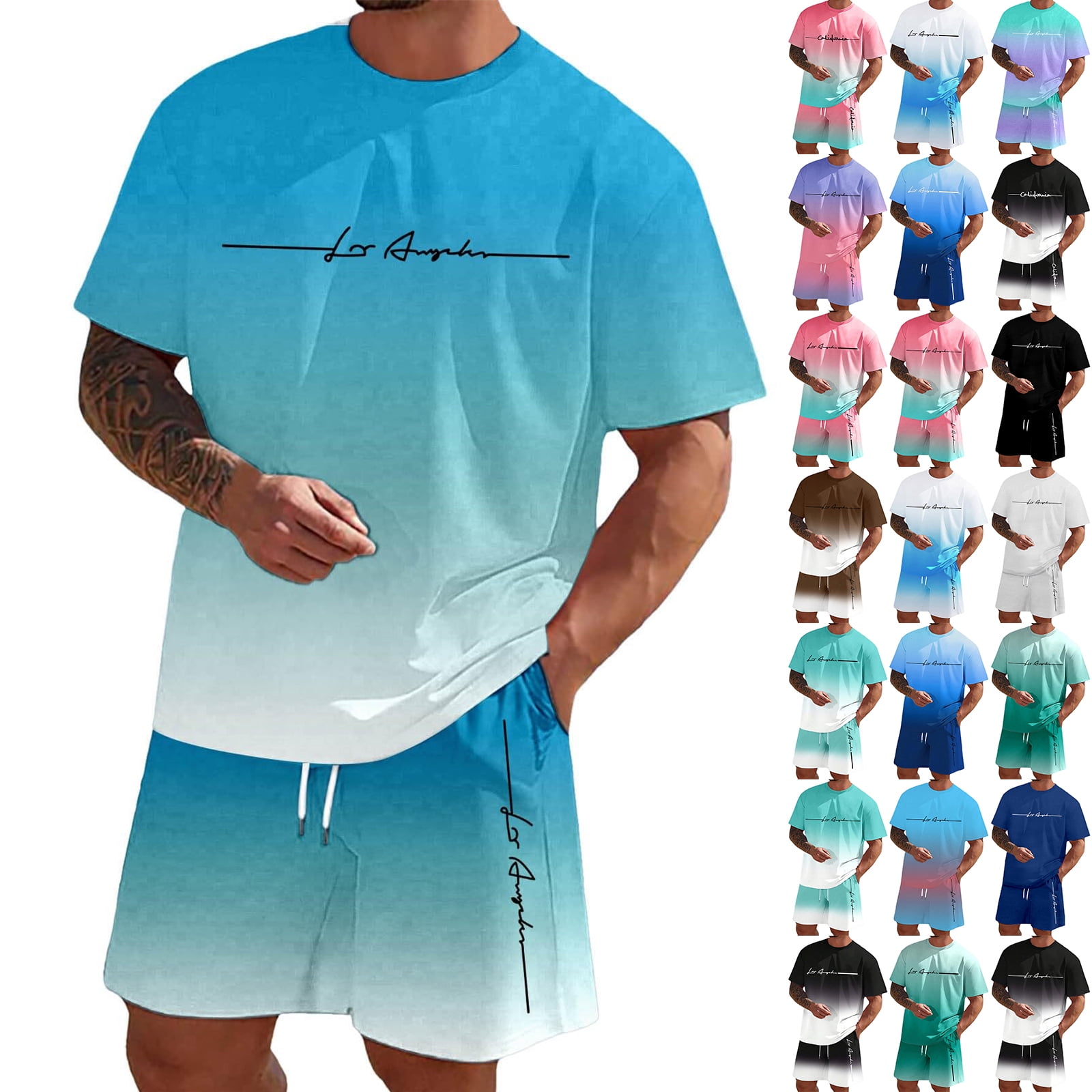 Mens Short Sets 2 Piece Outfits Short Sleeve Crew Neck T Shirts and ...