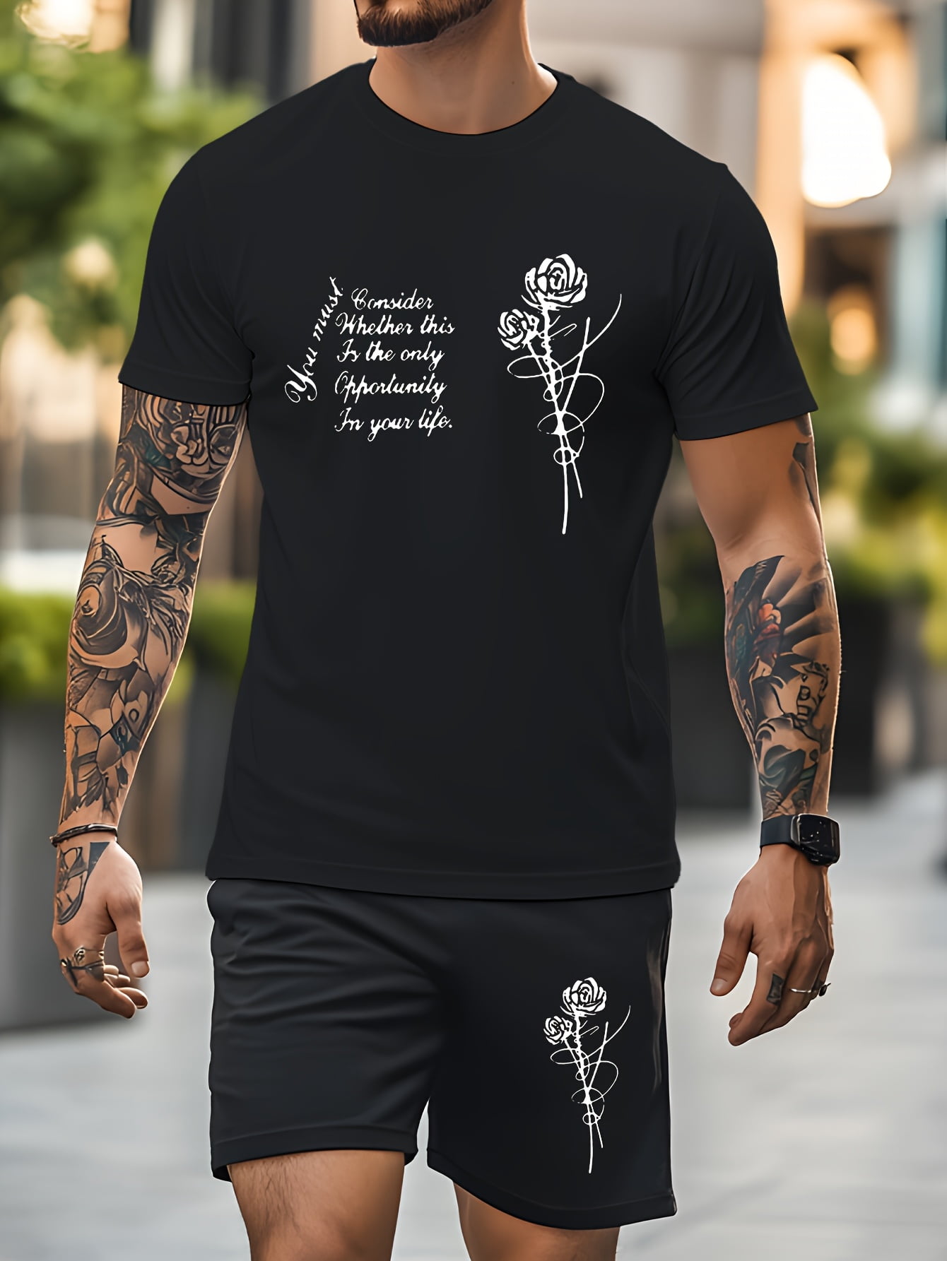 Mens Short Sets 2 Piece Outfits Summer Casual 3D Rose Printed Graphic T ...