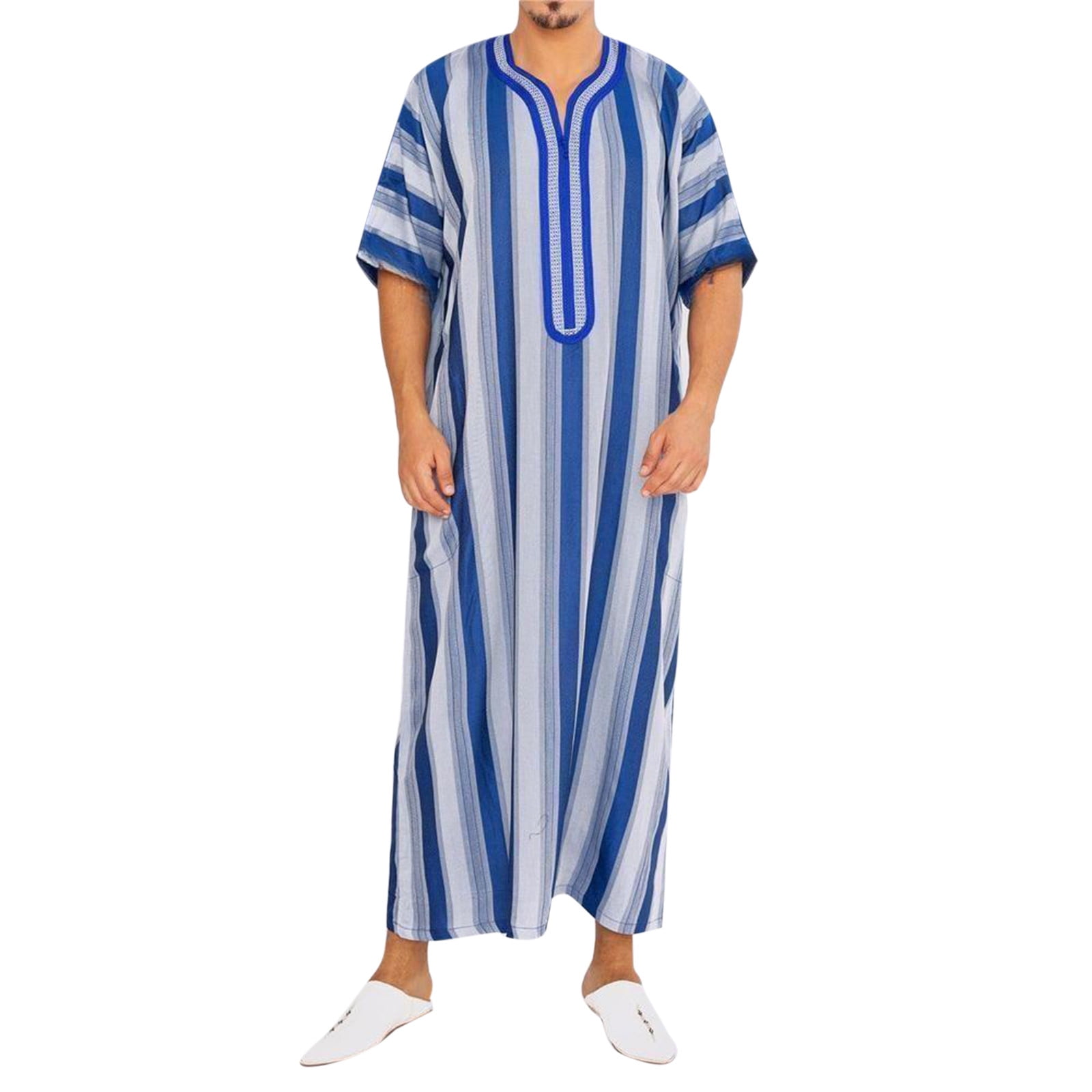 Mens Short Sleeve Arabic Thobe Robe Striped Middle Eastern Ethnic Long ...