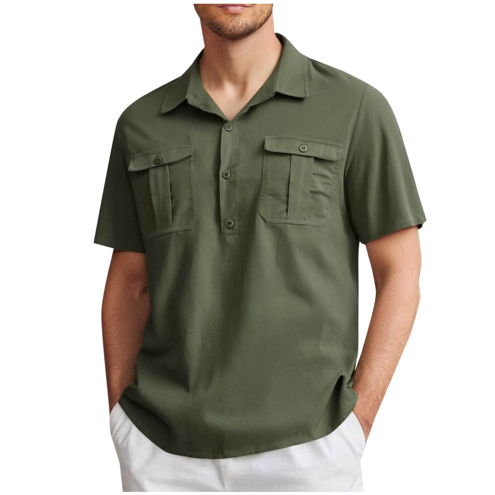 Mens Short Sleeve Cargo Workwear Collared Button Up T-Shirts Quick Dry ...