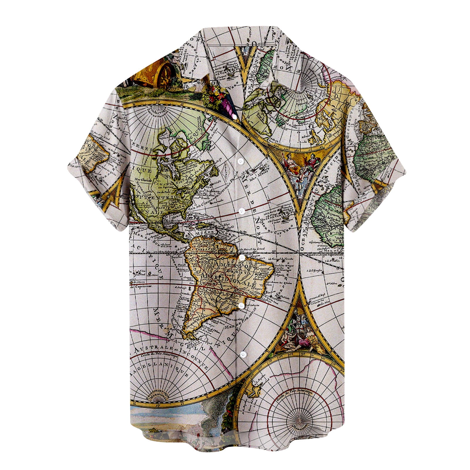 Mens Short Sleeve Hawaiian Tshirt World Map Print Button Up Tee Shirt ...