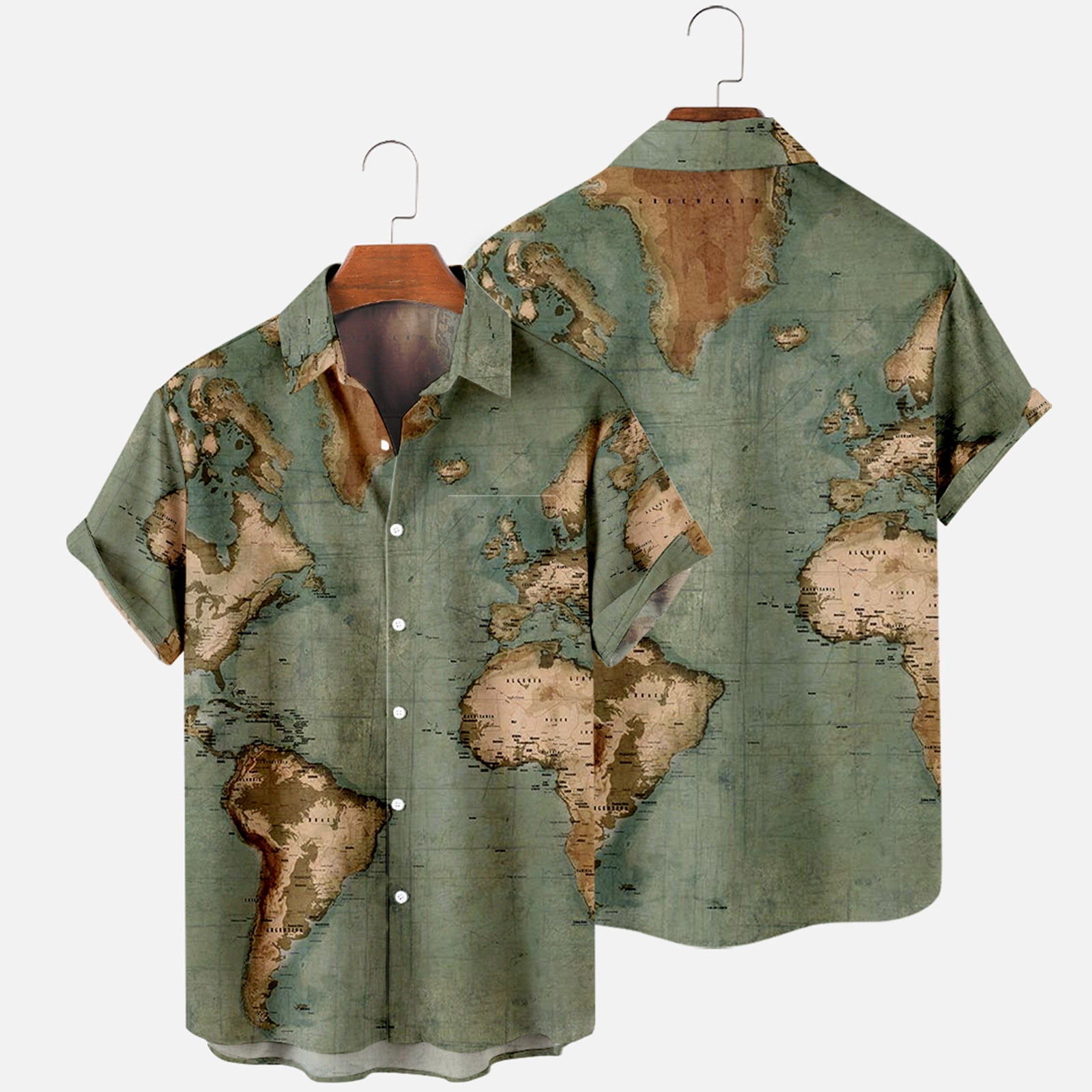 Mens Short Sleeve Hawaiian Tshirt World Map Print Button Up Tee Shirt ...