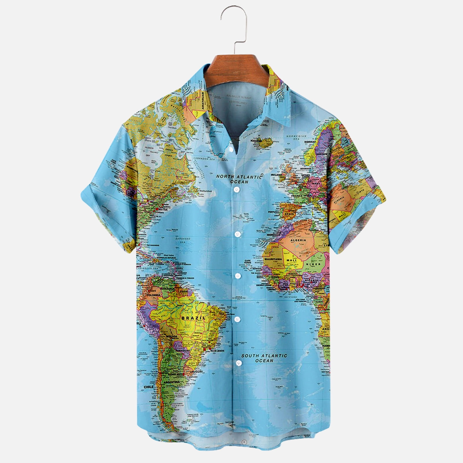 Mens Short Sleeve Hawaiian Tshirt World Map Print Button Up Tee Shirt ...