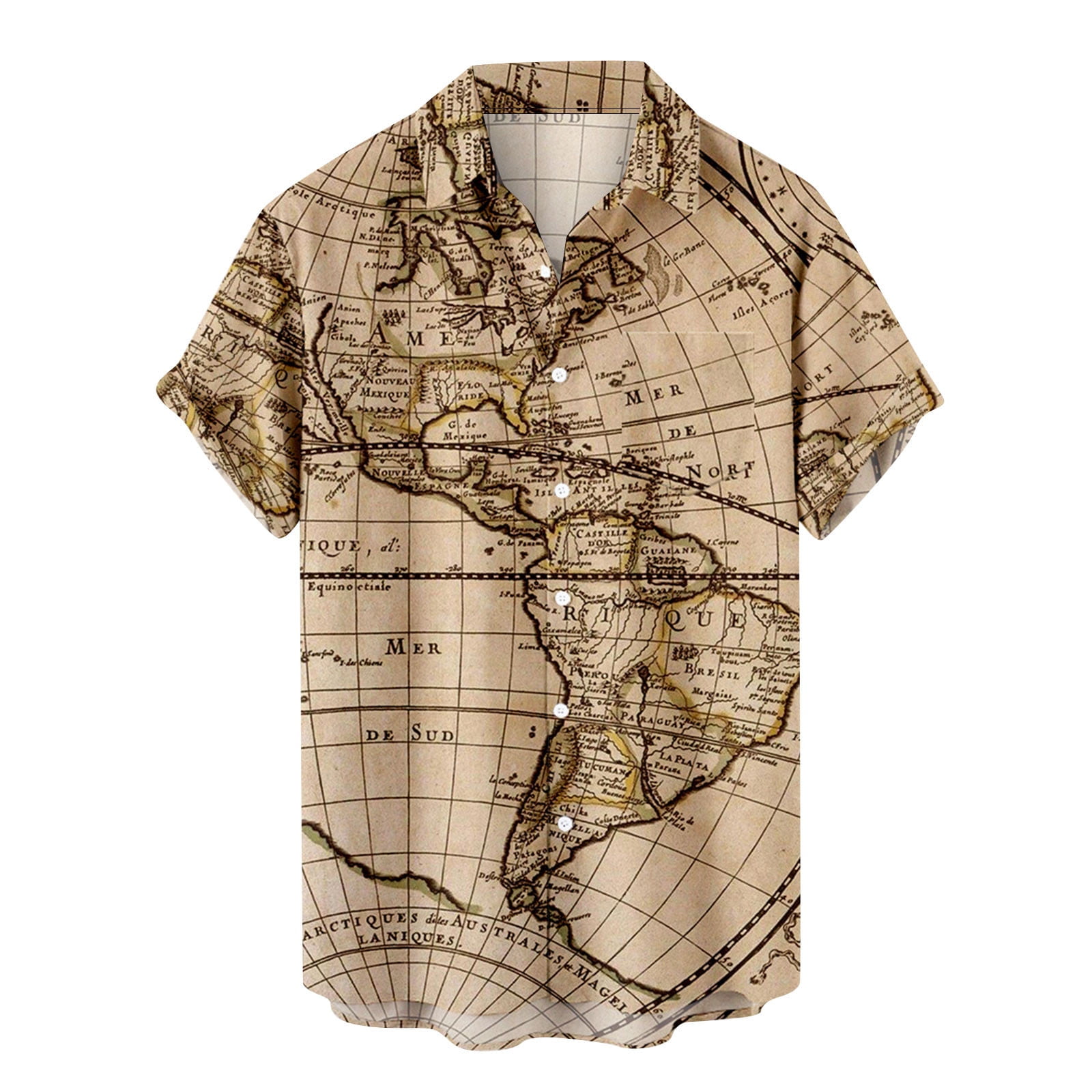 Mens Short Sleeve Hawaiian Tshirt World Map Print Button Up Tee Shirt ...
