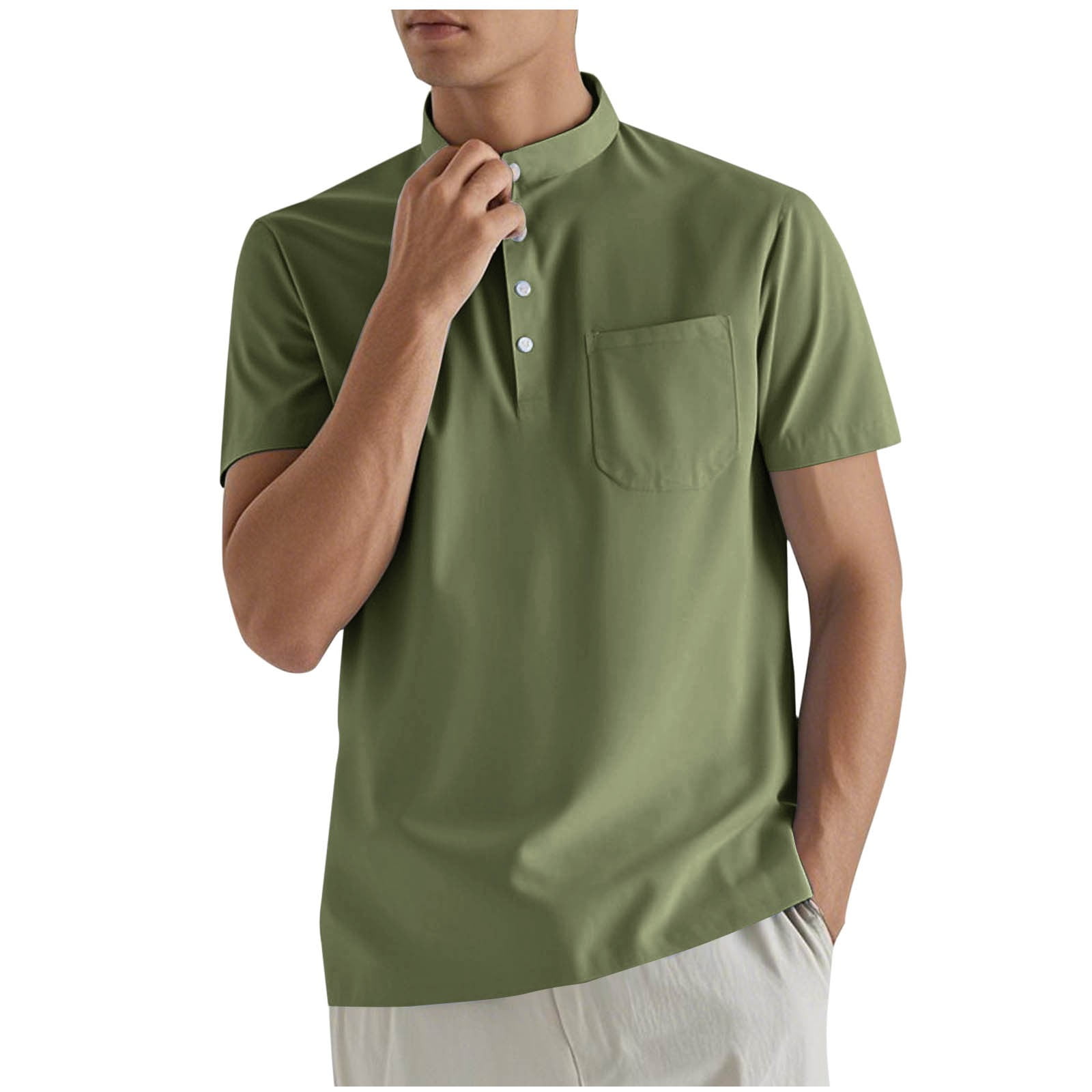 Mens Short Sleeve Polo Shirts Pocket Casual Solid Cotton Blend Drop Cut ...