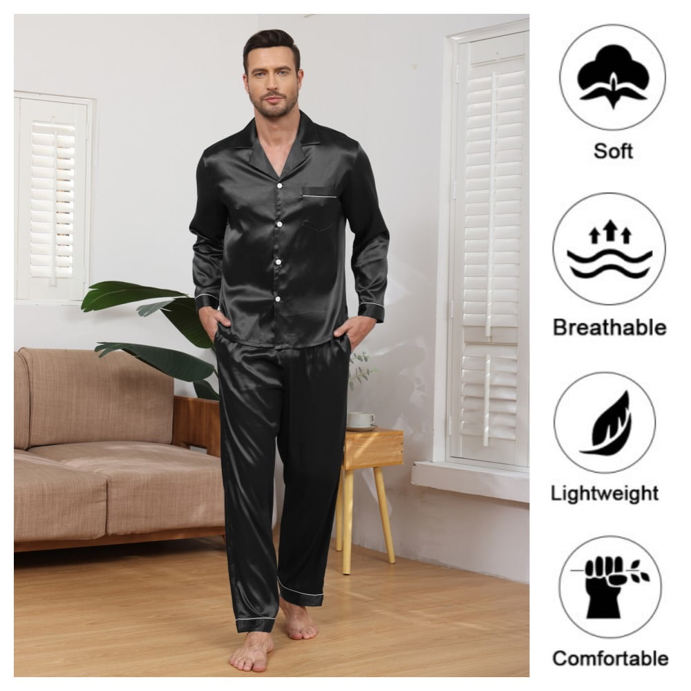 Mens Silk Pajamas Set Long Sleeve Satin Pajamas Set for Men 2 Piece ...