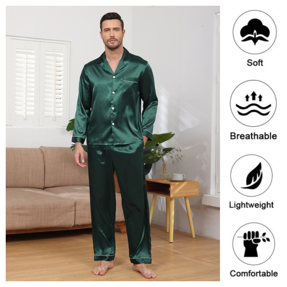 Mens Silk Pajamas Set Long Sleeve Satin Pajamas Set for Men 2 Piece ...