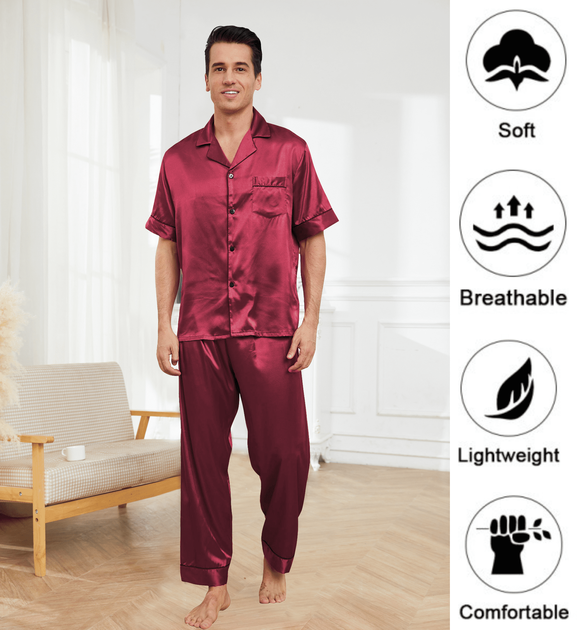 Mens Silk Satin Pajama Set Short Sleeve Button Down Pajama Set for Men ...