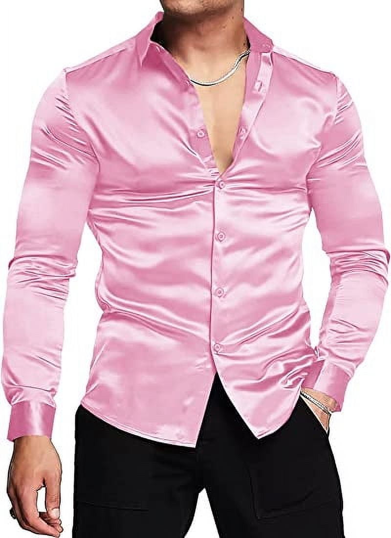 Mens Silk Shirts Long Sleeve-Luxury Shiny Silk Satin Party Dress Shirt ...