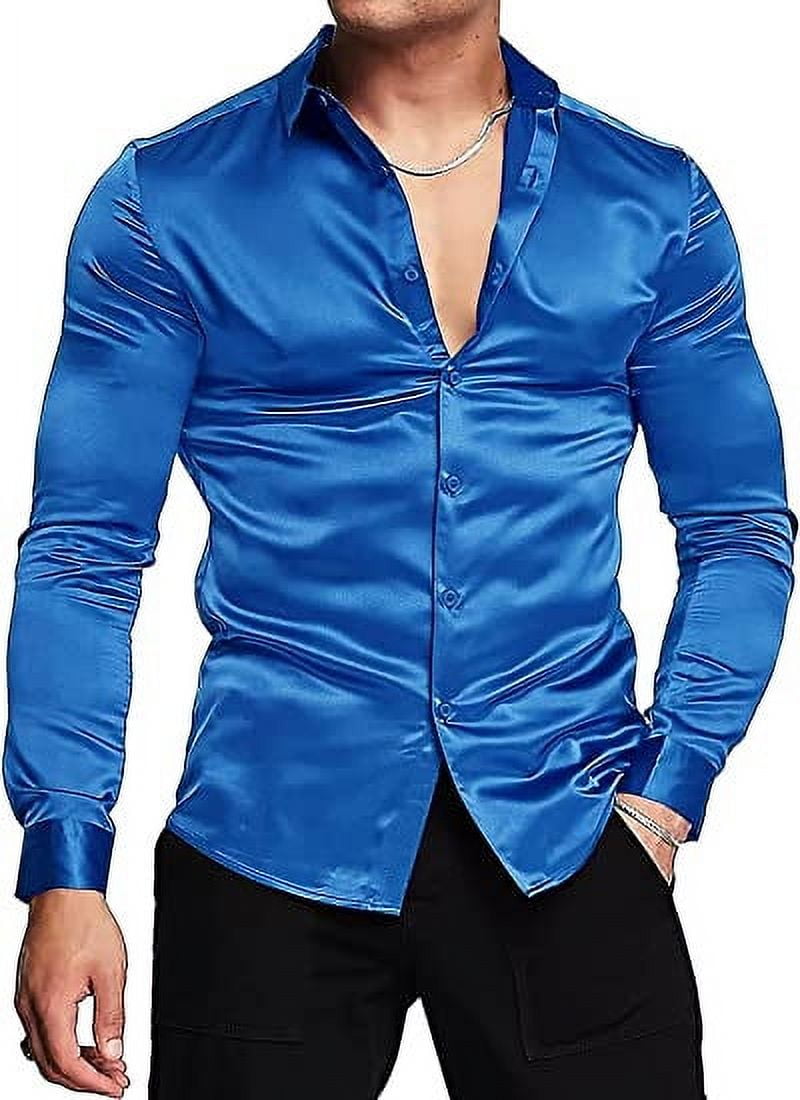 Mens Silk Shirts Long Sleeve-Luxury Shiny Silk Satin Party Dress Shirt ...