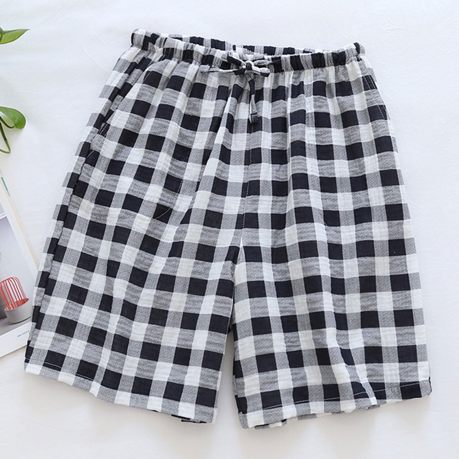 Mens Sleep Shorts Casual Plaid Summer Solid Drawstring Elastic Waist ...