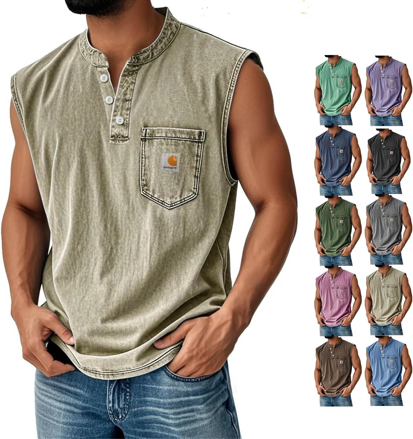 Mens Sleeveless Shirts, Men's Vintage Washed and Distressed Cotton ...