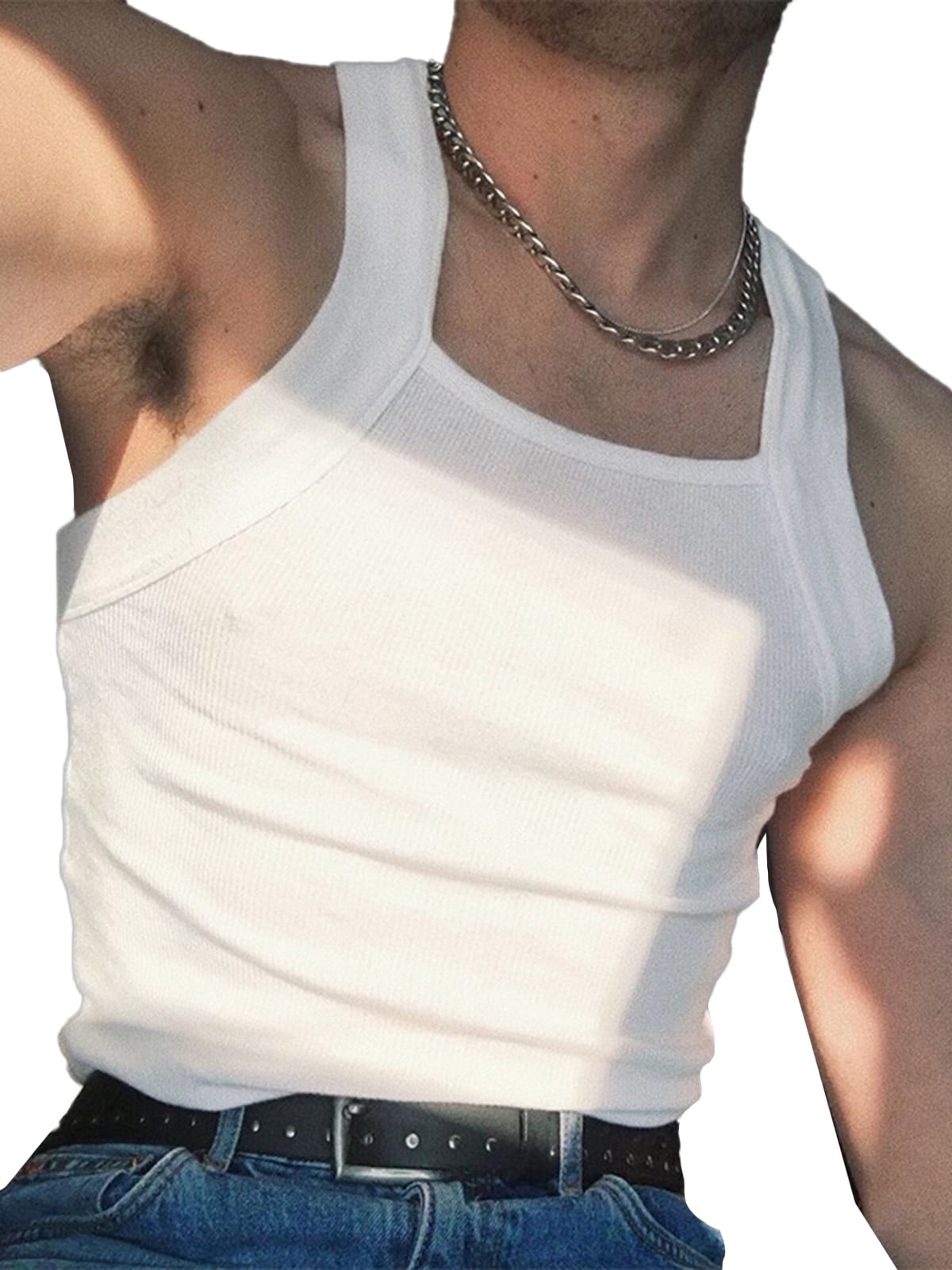 Mens Sleeveless Square Neck Slim Vest Sweat Outfit White Tank Tops ...