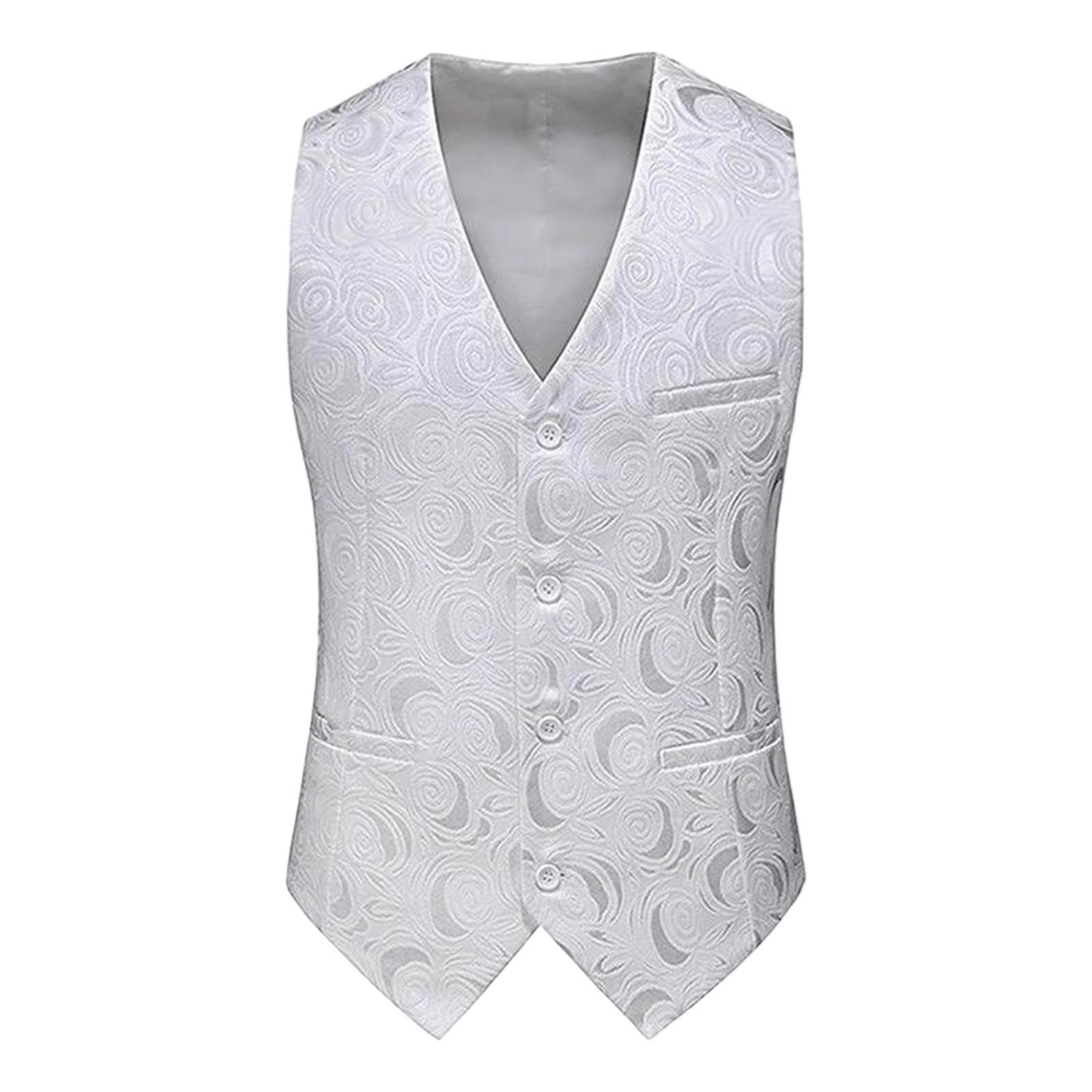 Mens Slim Fit Suit Vest Black White Floral Print Waistcoat V-Neck Suit ...