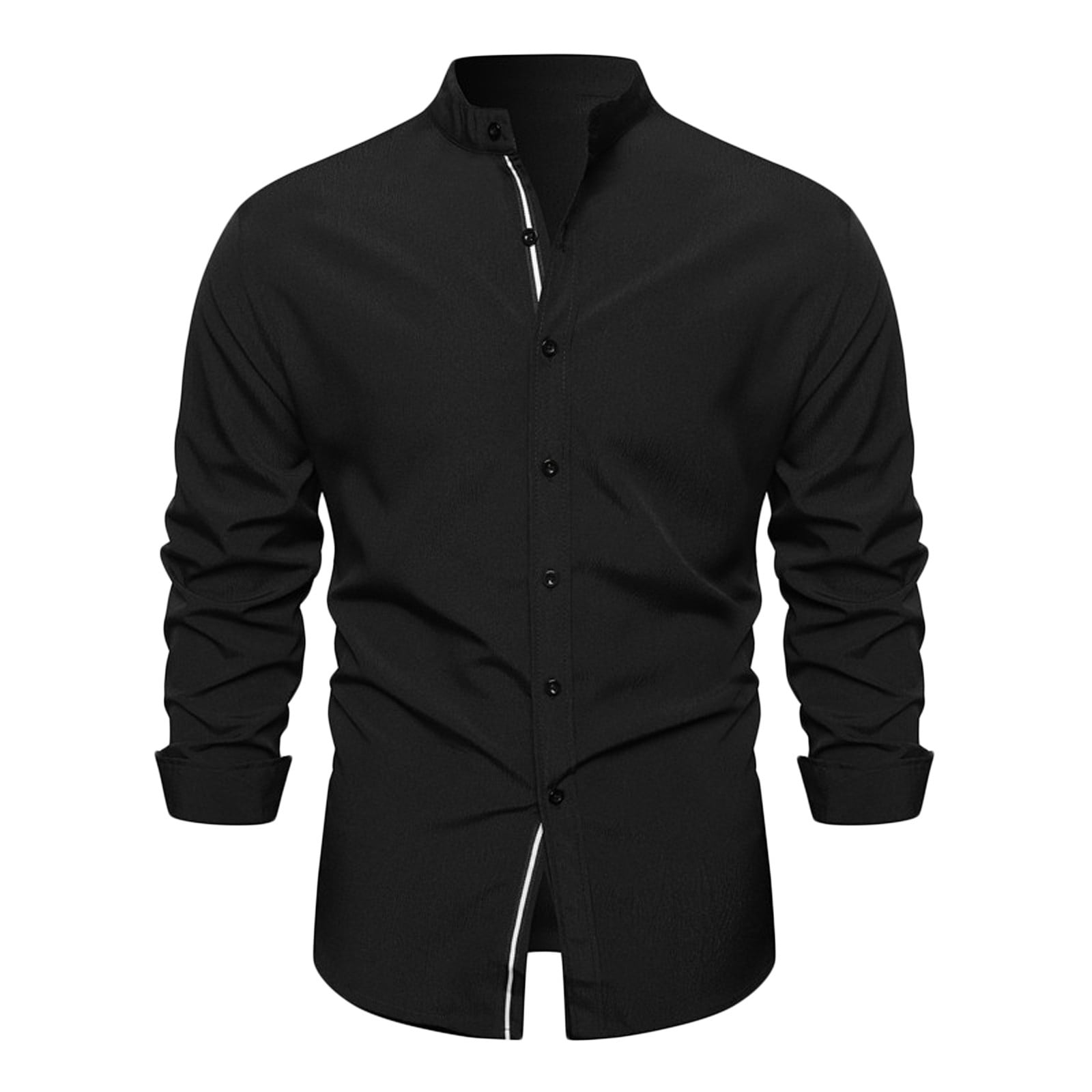 Mens Solid Button Shirts Business Casual Stand Collar Shirt Fall Winter ...