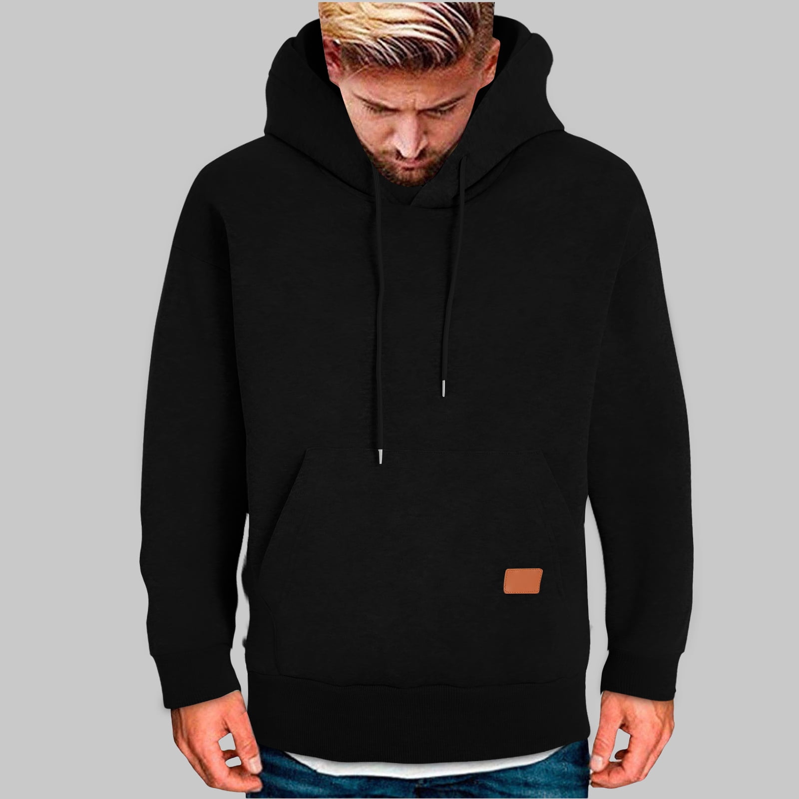 Mens Solid Color Hoodless Crewneck Hoodie TOP Long Sleeve Base Shirt ...