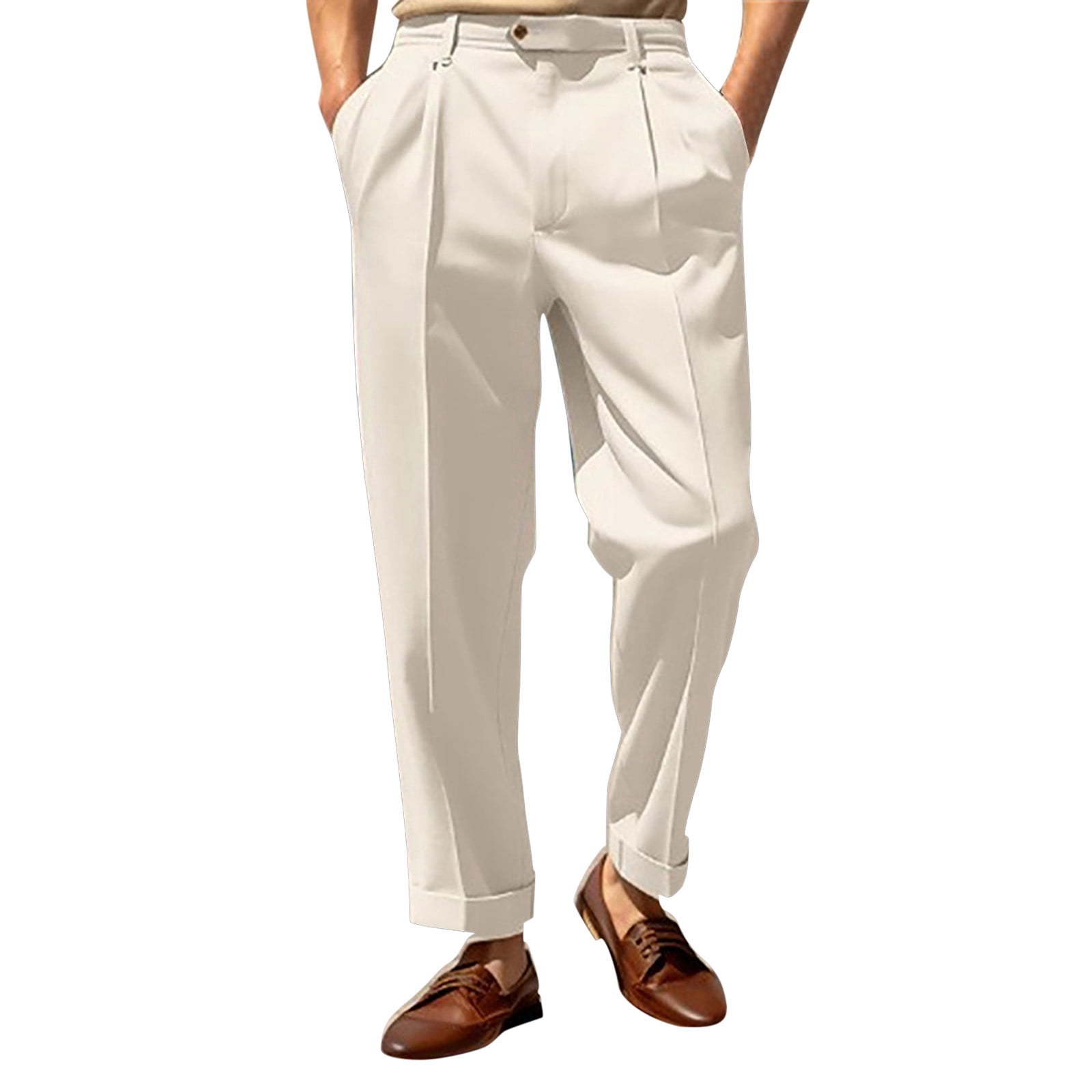 Mens Solid Color Simple Pants Mens Big And Tall Business Casual Straight Button Memory Foam ...