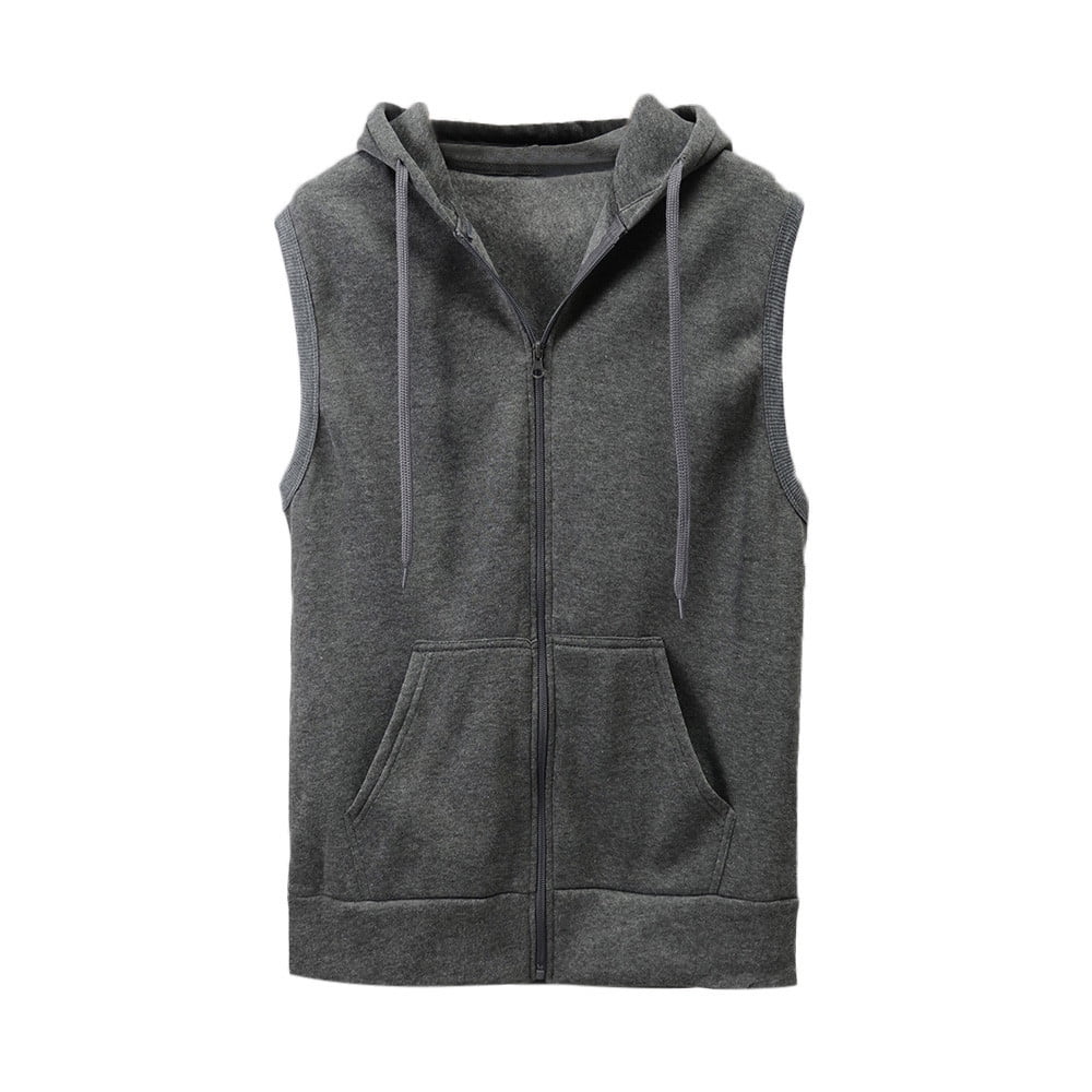 Mens Solid Hooded Vest Zip-up Drawstring Sleeveless Jacket Lightweight ...