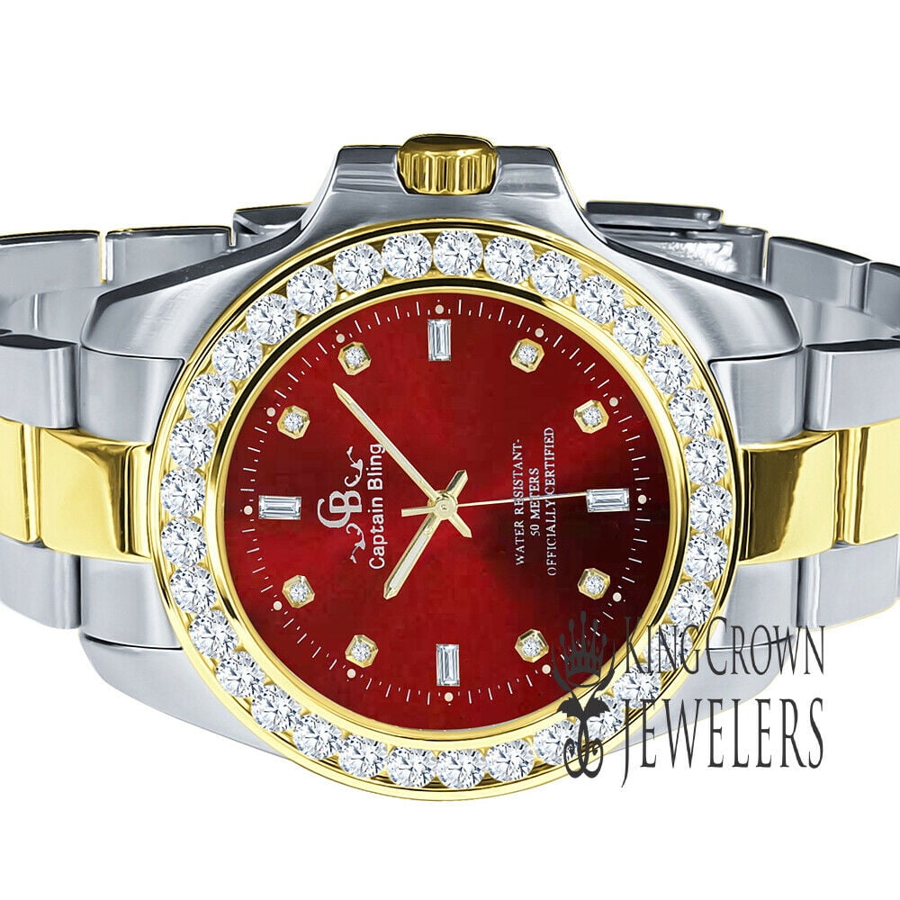 Mens Solid Stainless Steel 2 Tone Ruby Red Dial Simulated Diamonds 18K ...