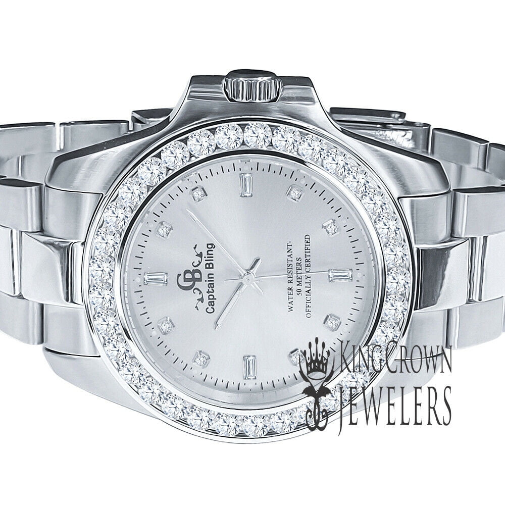 Mens Solid Steel Silver Dial Simulated Diamonds 18K White Gold Tone ...