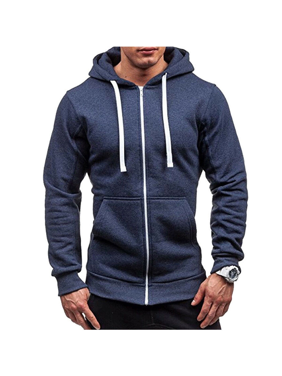 Mens Solid Zip Up Hoodie Classic Winter Hooded Sweatshirt Jacket Coat ...