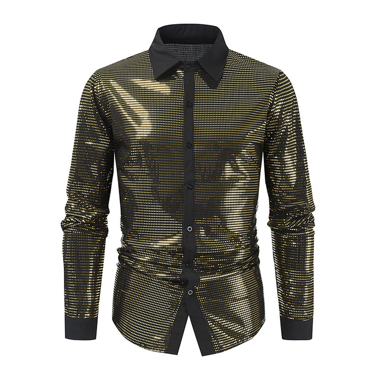 Mens Sparkle Sequin Shirt Lapel Long Sleeve Button Down 70S Disco Shirt ...