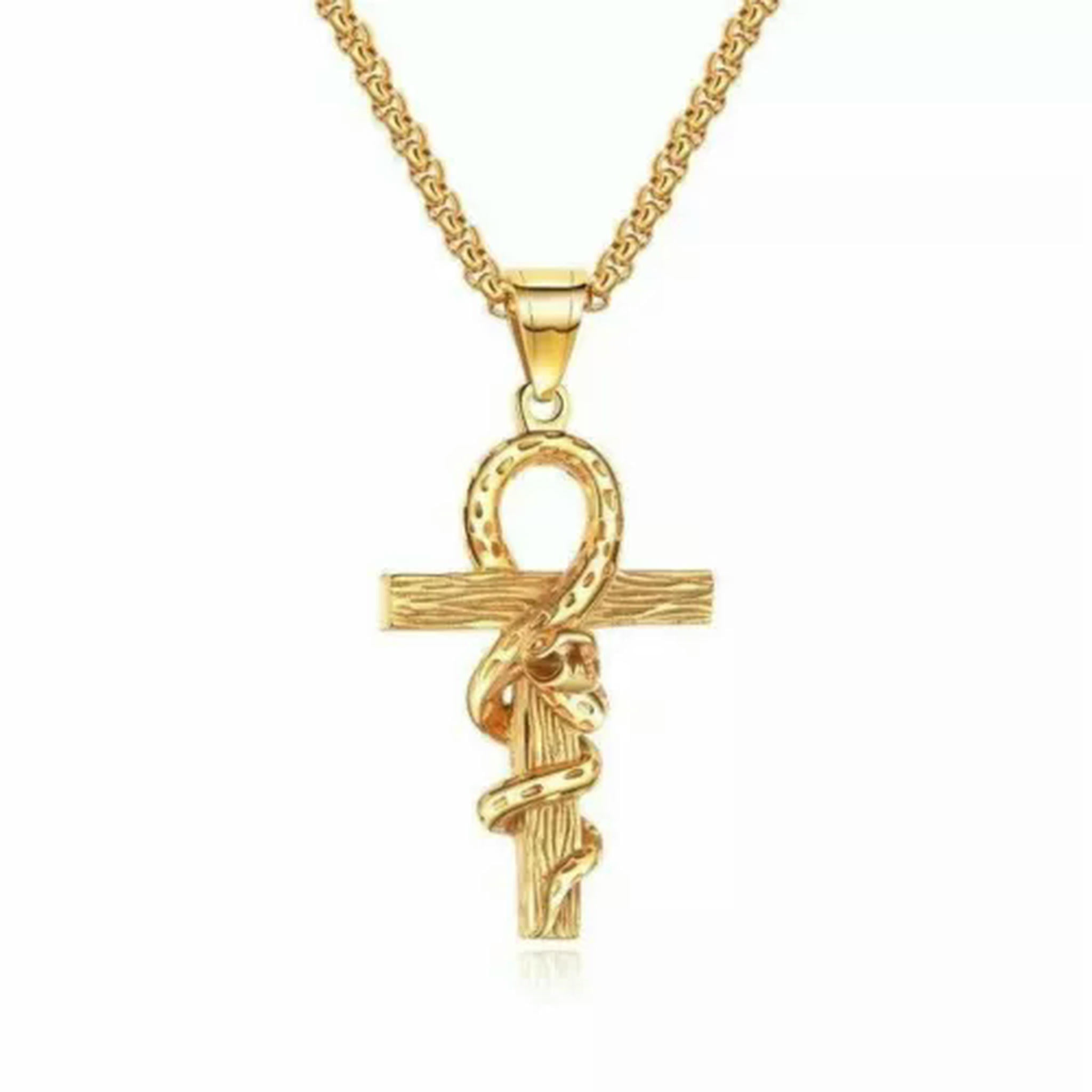 Mens Stainless Steel Egyptian Ankh Kundalini Snake Pendant Necklace Men ...