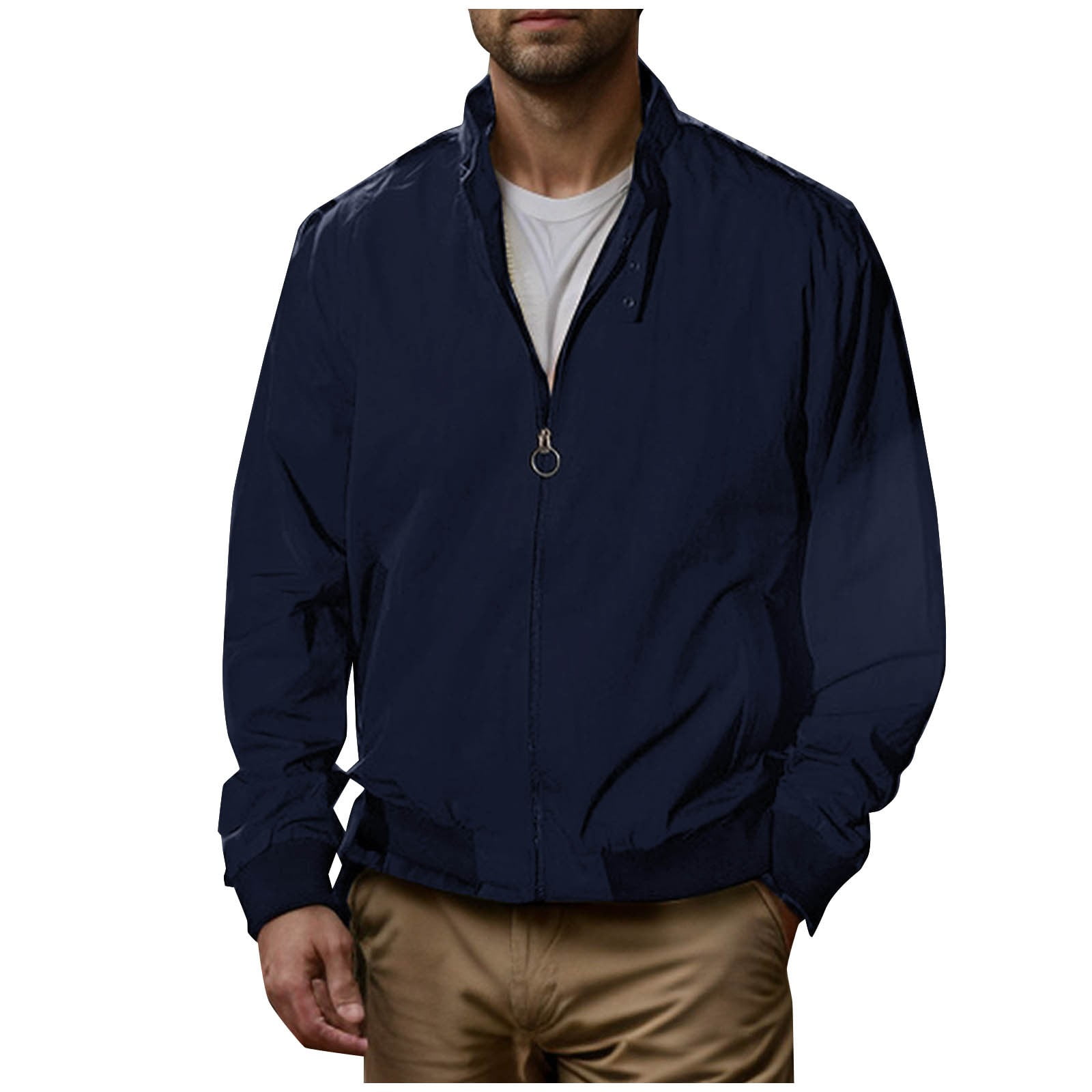 Mens Stand Collar Jacket Classic Full Zip Up Jacket No Hood Nylon Solid ...