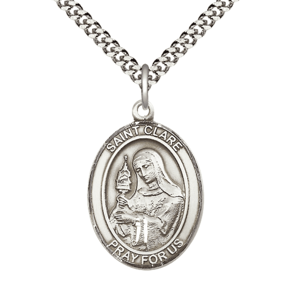 Mens Sterling Silver Saint Clare of Assisi Medal Pendant on 24" Rhodium ...