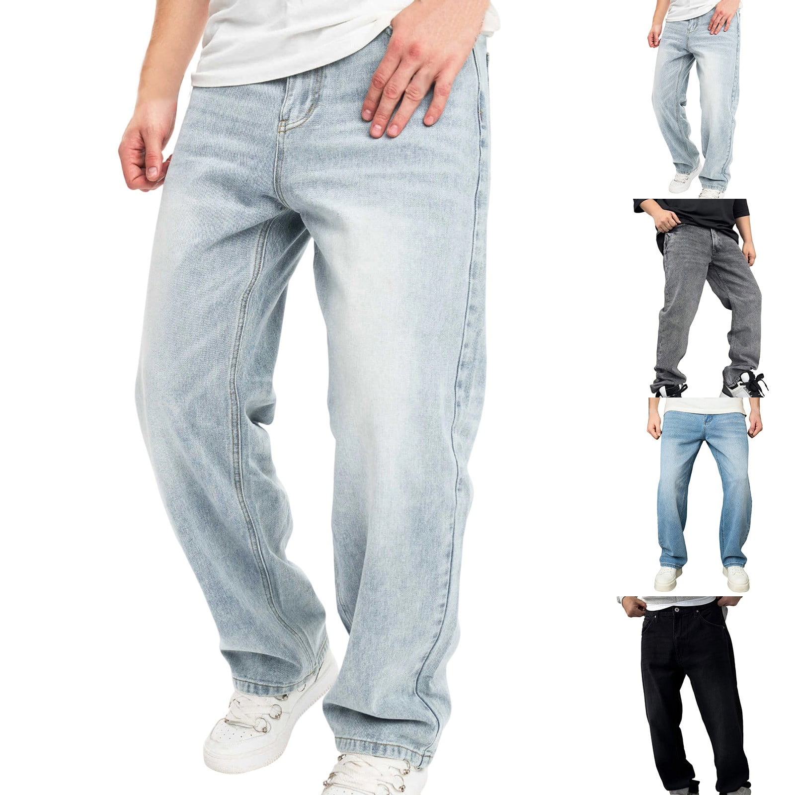 Mens Straight Leg Jeans Solid Color Basic Jeans Loose Wide Leg Straight ...