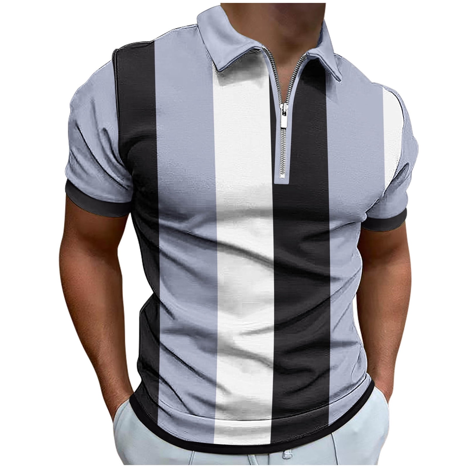 Mens Striped Business Casual Shirt Short Sleeve Zipper Turn Down Collar ...