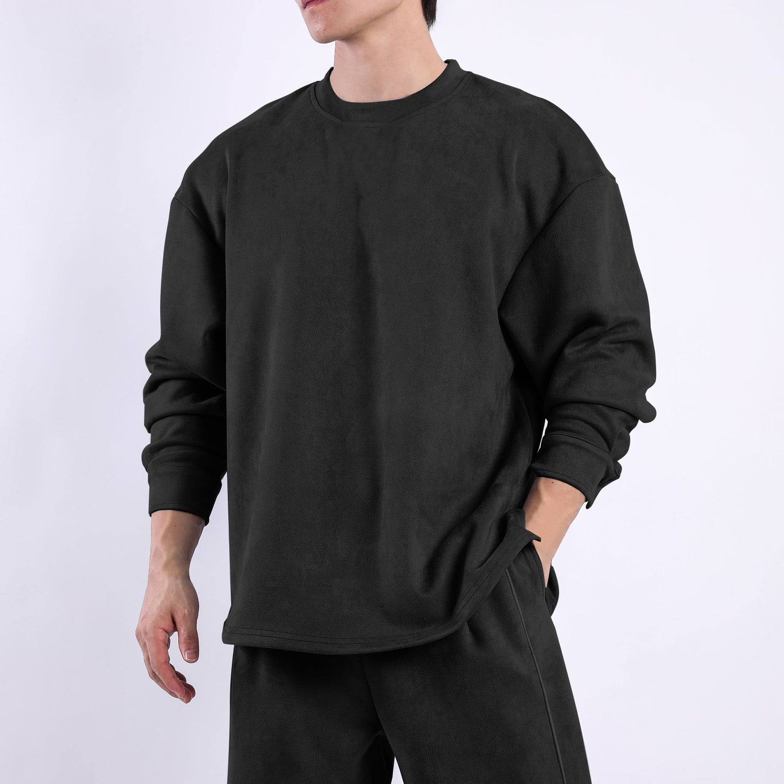 Mens Sueded Sweatshirts Crewneck Long Sleeve Shirts Casual Solid Color ...